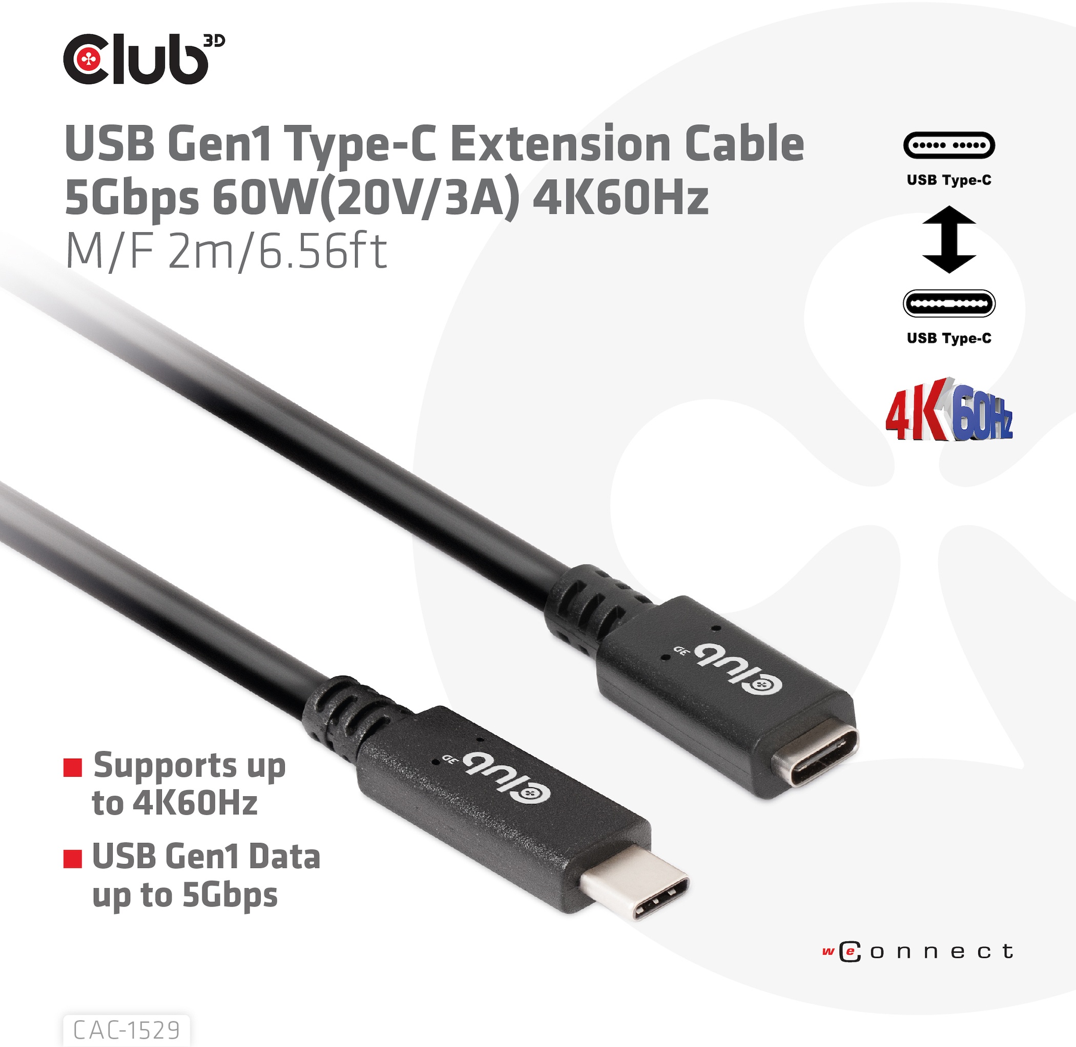 Club 3D USB Gen1 Type-C Extensie kabel 5Gbps 60W(20V/3A) 4K60Hz M/F 2m/6.56ft Zwart - Kenmerken ...