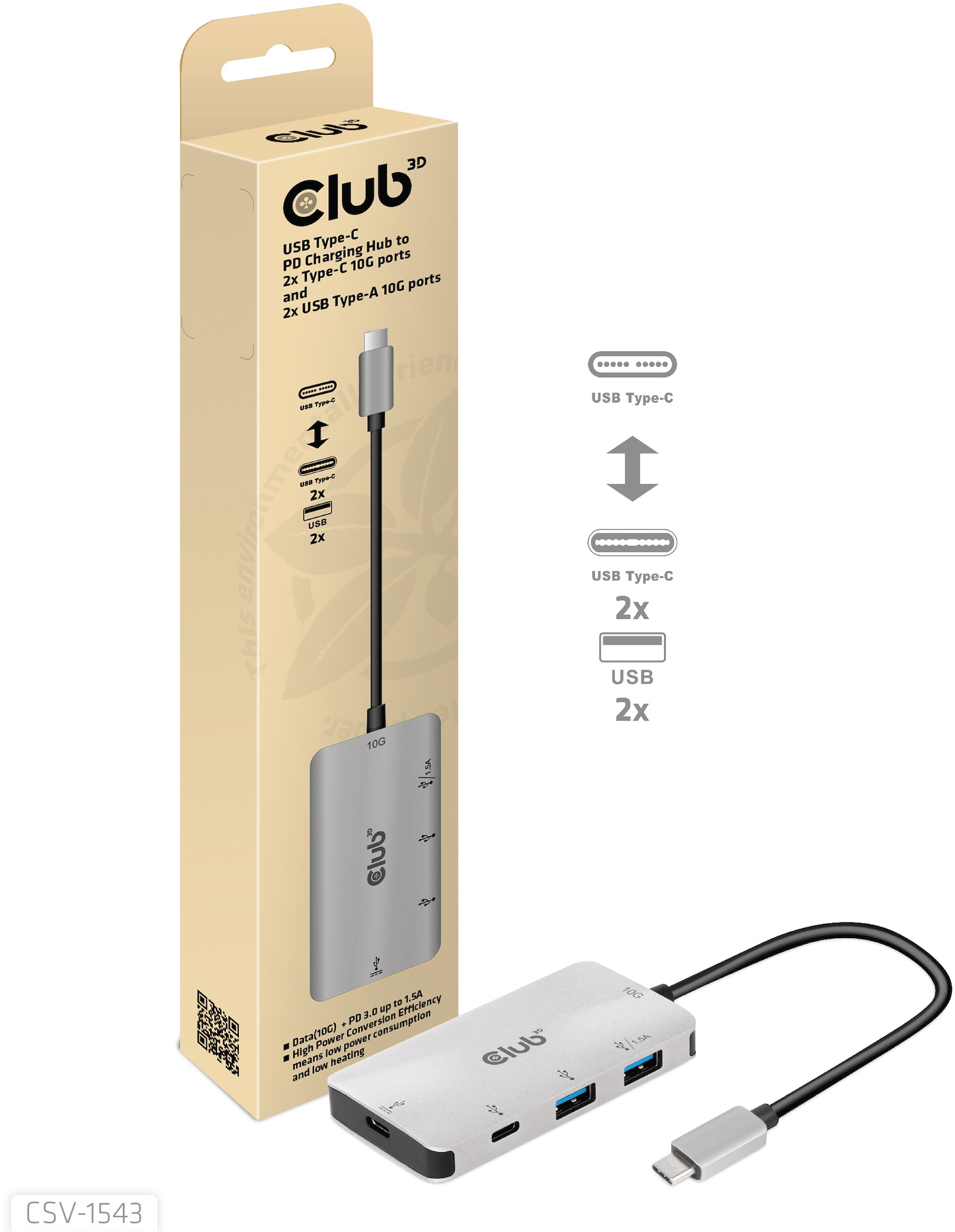 Club 3D USB Gen2 Type-C Universele Hub naar 1x Type-C 10G ports 1x Type ...