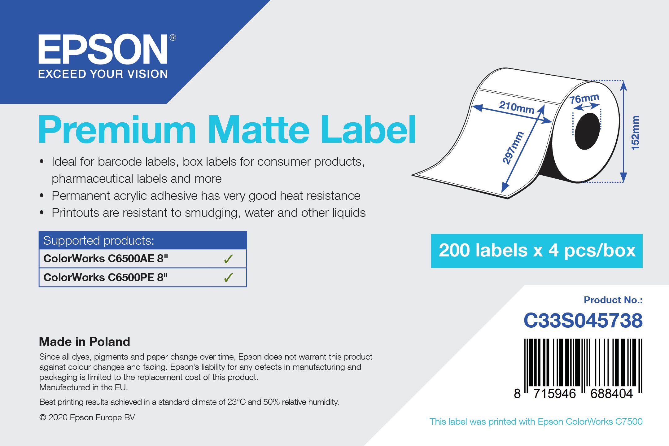 Specificaties van Epson Premium Matte Label - Die Cut Roll: 210mm x ...