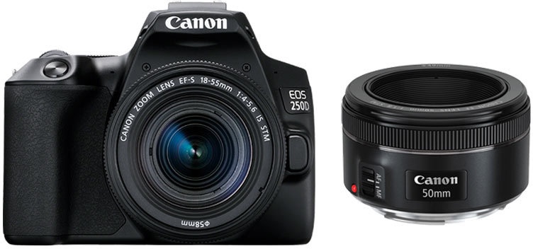 Canon EOS 250D + 18-55mm f/4-5.6 + 50mm f/1.8 Zwart: beste prijs - Tweakers
