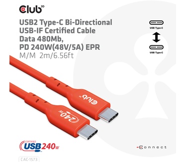 Club 3D USB2 Type-C Bi-Directional Cable, Data 480Mb,PD 240W(48V/5A ...