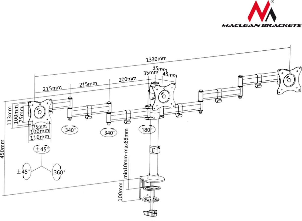 Specificaties van Maclean Brackets MC-691 Triple Desk Mount - Tweakers