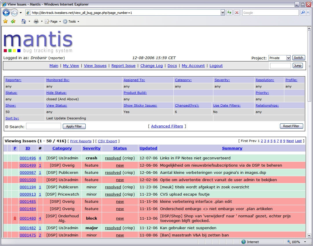Specificaties van Mantis Bug Tracker - Tweakers