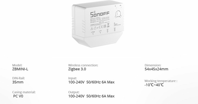 Specificaties van Sonoff ZBMINI-L ZigBee Smart Switch - Tweakers