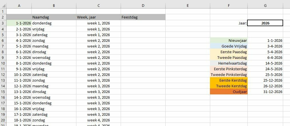 Kalender met feestdagen in Excel - Client software algemeen - GoT
