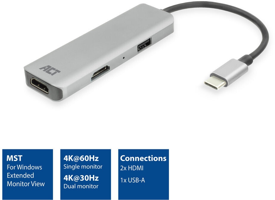 ACT USB-C 4K multiport adapter for 2 HDMI monitors, USB-A data port ...