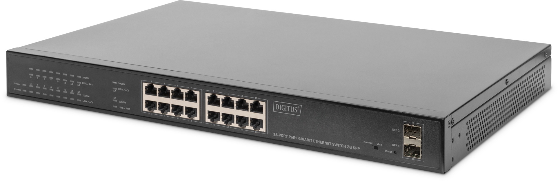 Specificaties van Digitus 16-Port Gigabit PoE Switch, 19 Zoll ...