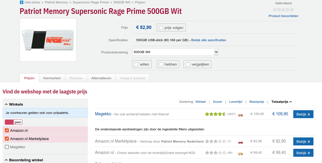 Prijs per GB houdt geen rekening met uitgesloten winkels - Pricewatch - GoT