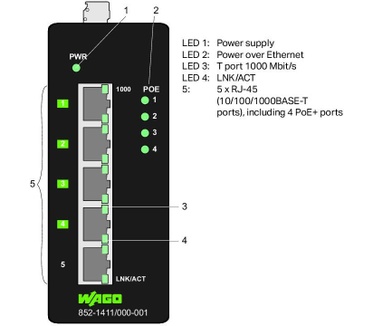 Wago Industrial ECO Switch; 5 ports 1000Base-T; 4 * Power over Ethernet ...
