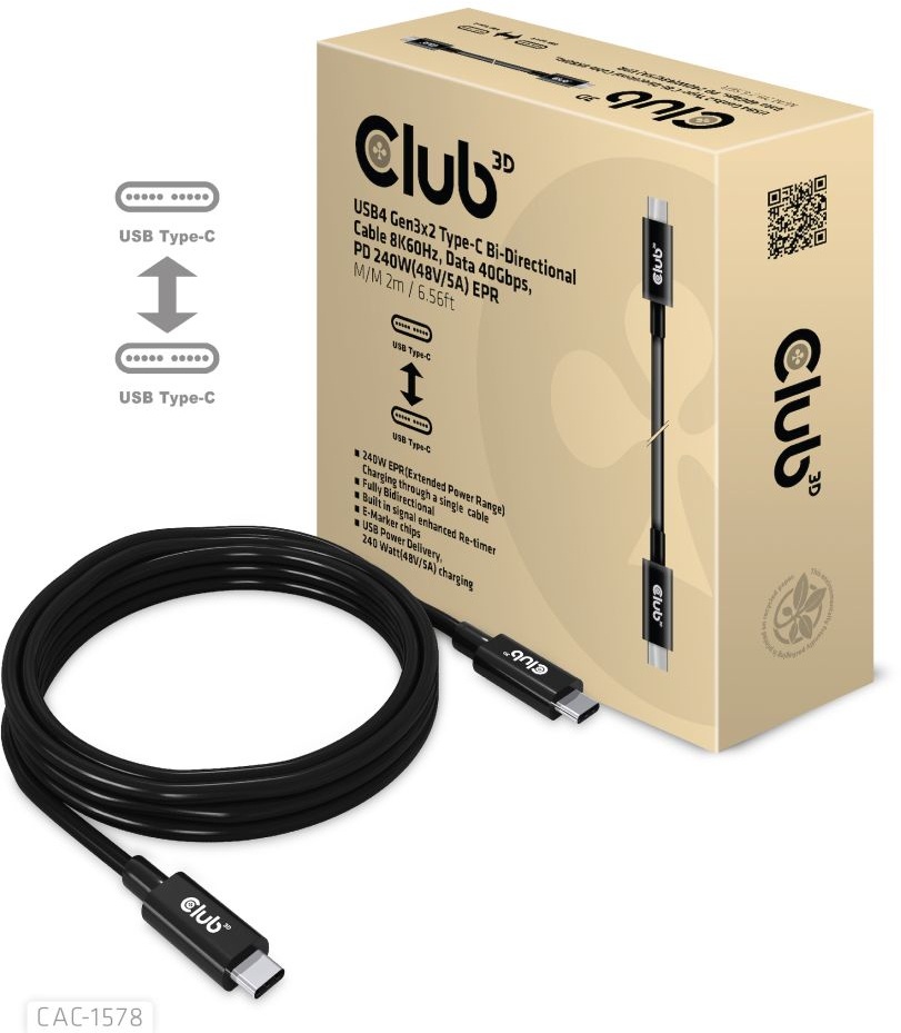 Club 3D USB4 Gen3x2 Type-C Bi-Directional Cable 8K60Hz, Data 40Gbps, PD ...