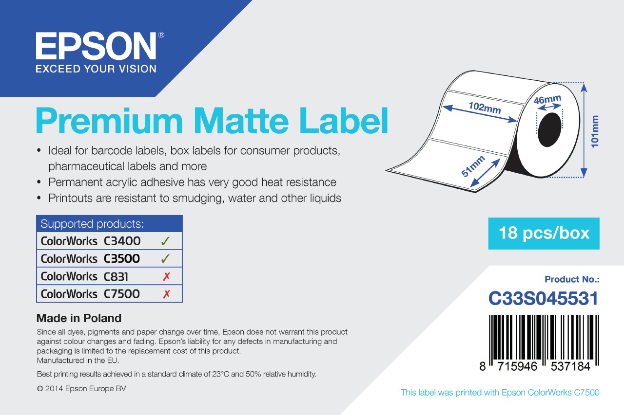 Specificaties van Epson Premium Matte Label - Die-cut Roll: 102mm x ...